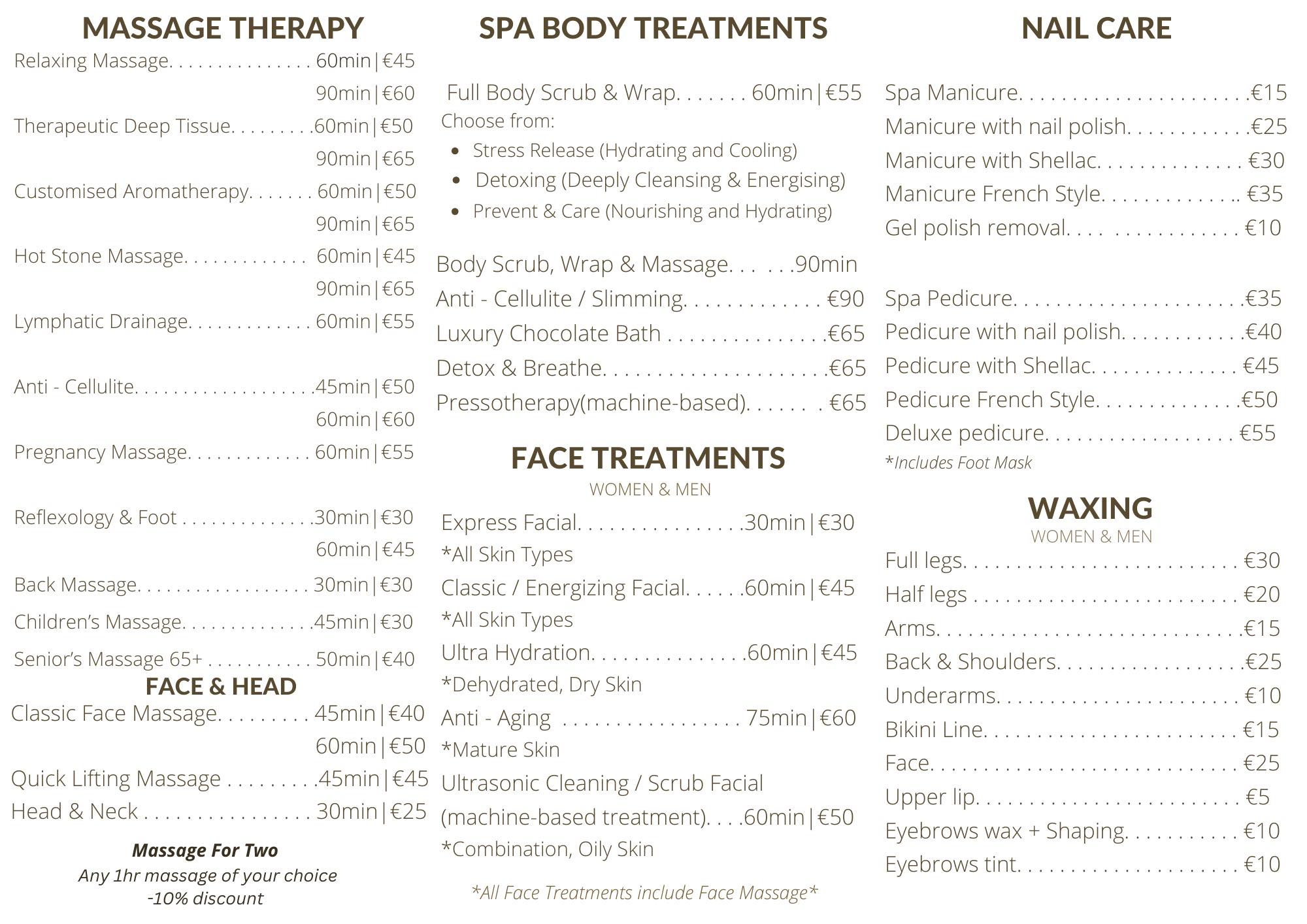 Price list - Mediterranean Spa House